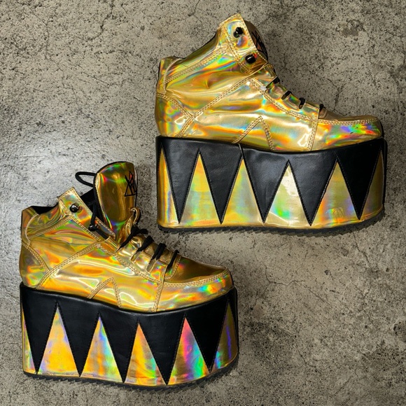 YRU | Shoes | Yru Gold And Black Holographic Platforms Boots Sneakers ...